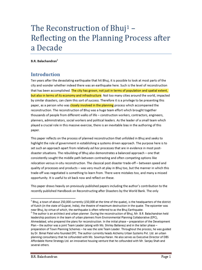 The Reconstruction of Bhuj 1 Reflecting | PDF | Economies