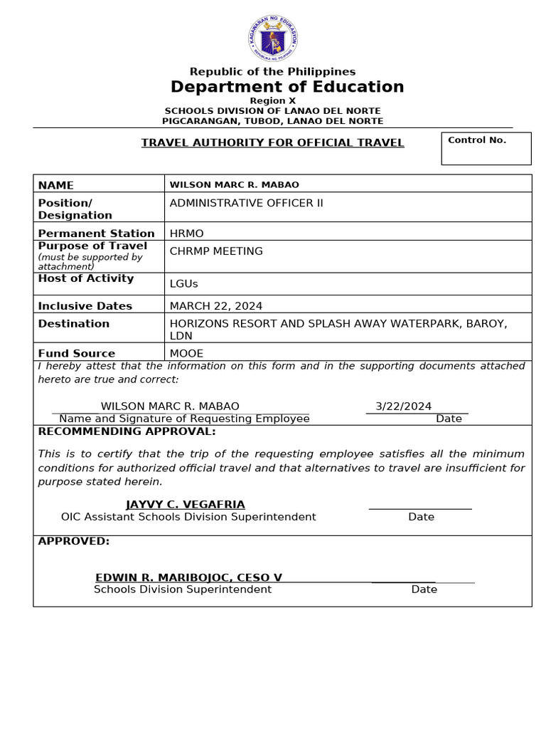 Official Travel Authority Request Form | PDF