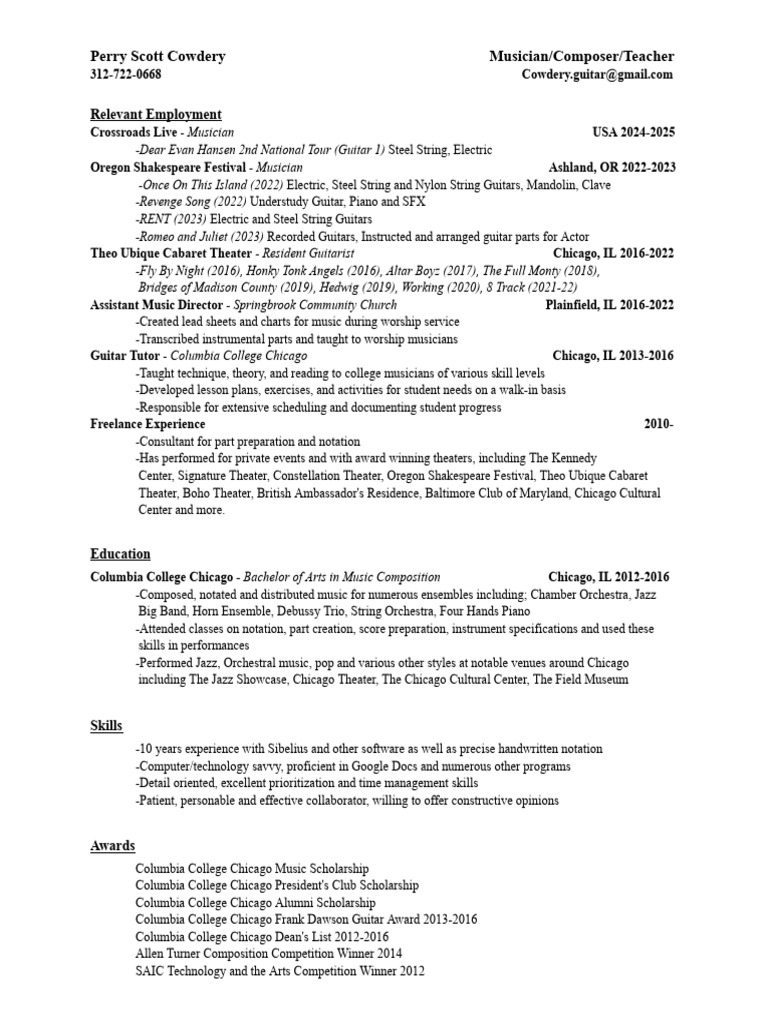 Perry Cowdery - Musician Resume 2025 | PDF | Orchestras | Musicology