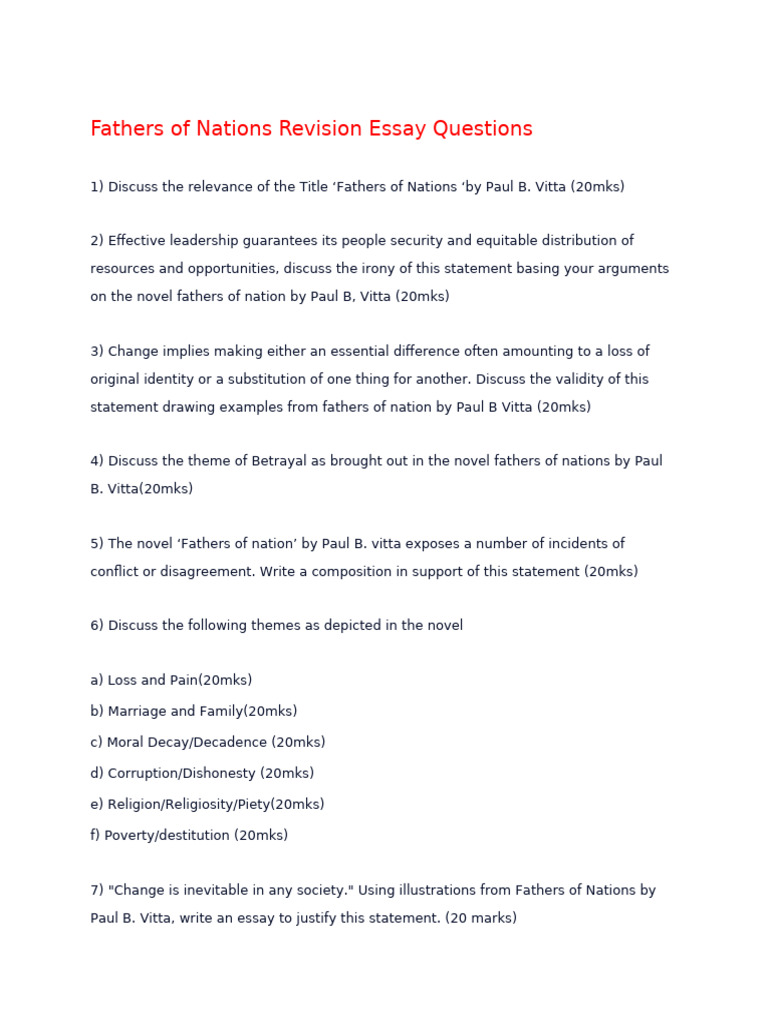 Essay Questions on Fathers of Nations | PDF