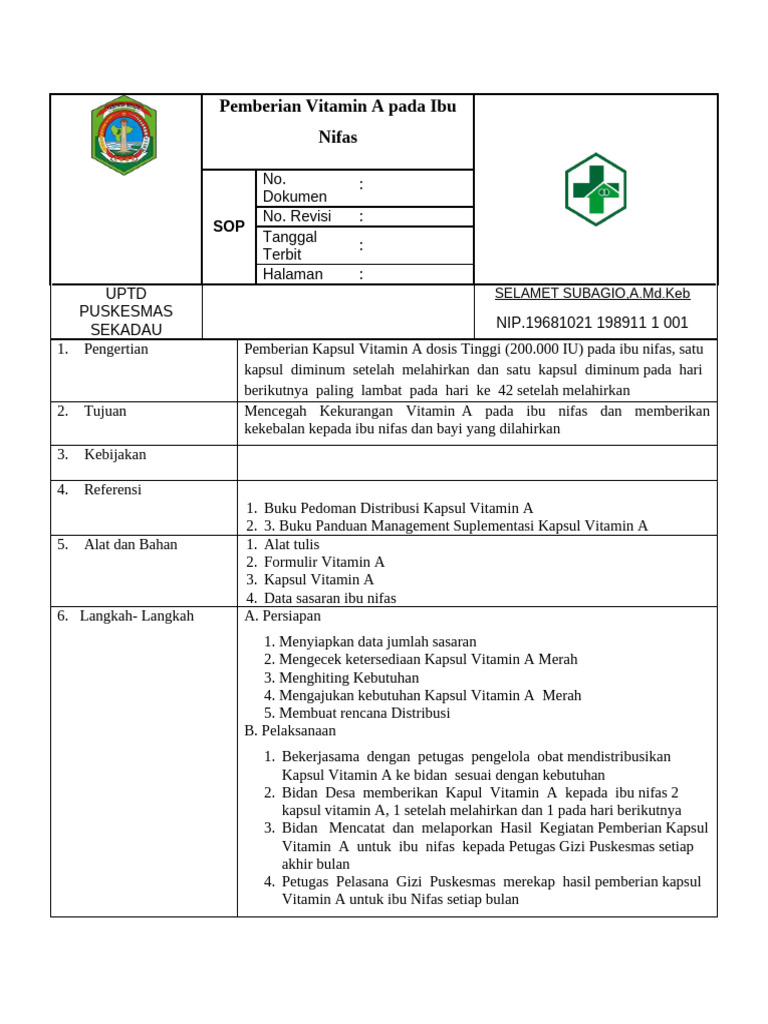 SOP Pemberian Vit a Ibu Nifas | PDF