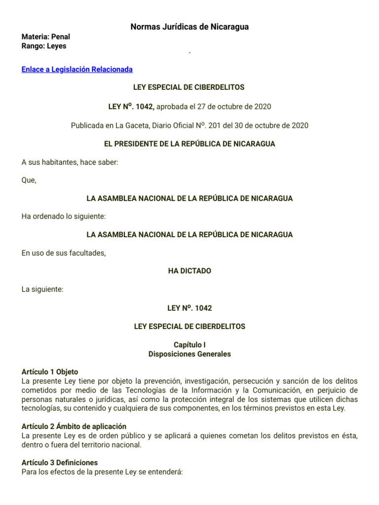 Ley 1042: Ciberdelitos en Nicaragua | PDF | Cibercrimen | Informática