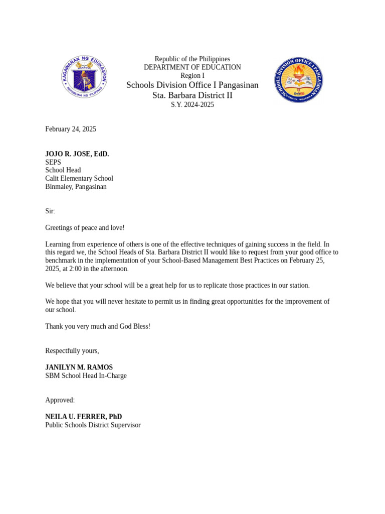 Letter of Request For Benchmarking | PDF