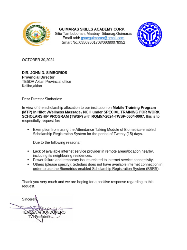 Aklan Letter Appealing For BSRS Exemption | PDF