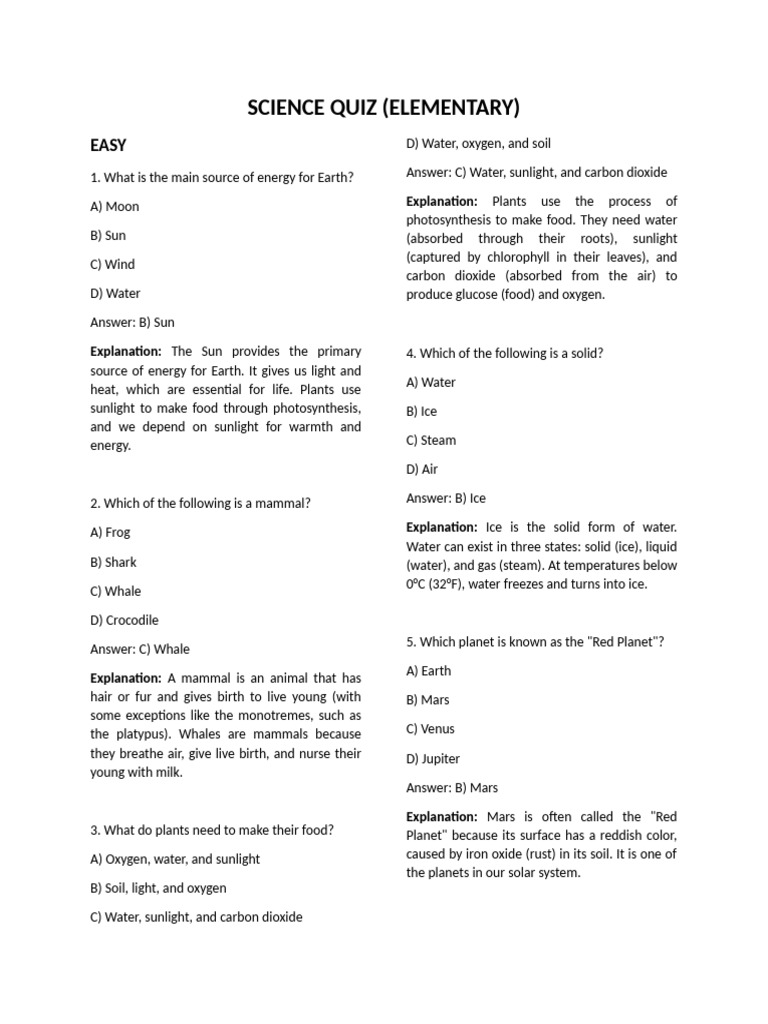 Elementary Science Quiz Questions | PDF | Plants | Igneous Rock