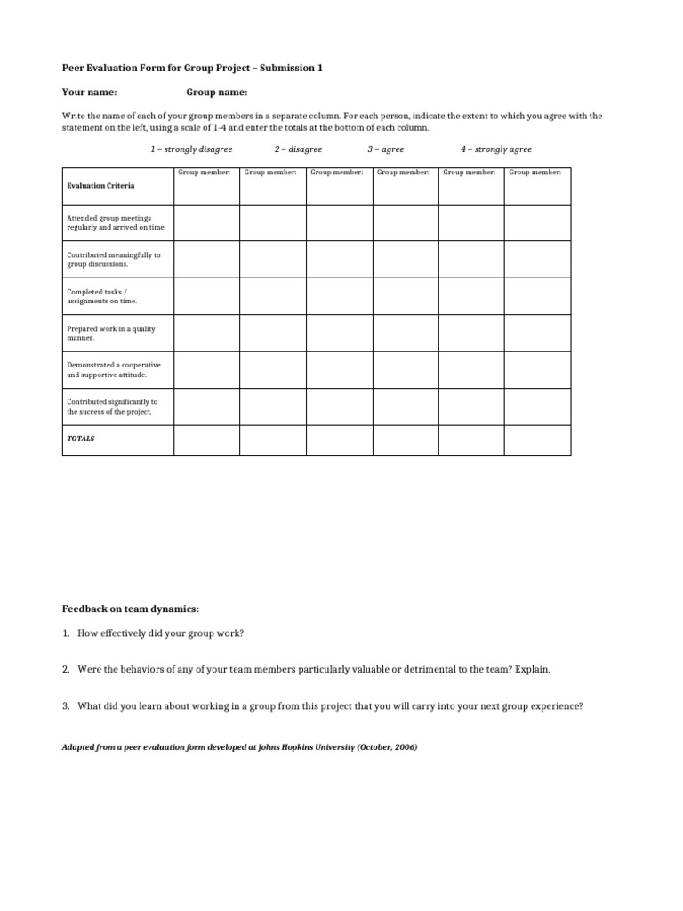 Peer Evaluation for Group Project | PDF