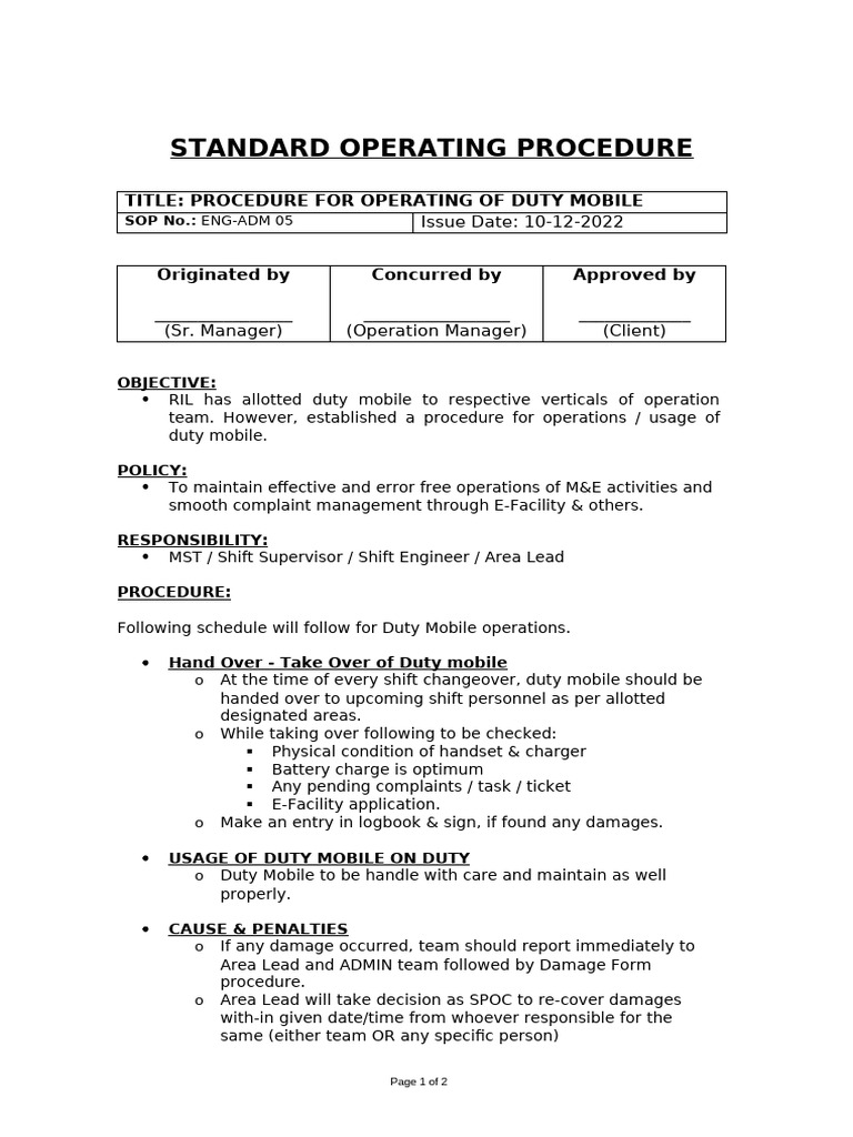 ENGADM 05 - SOP - Duty Mobile Procedure - Copy | PDF | Mobile App ...