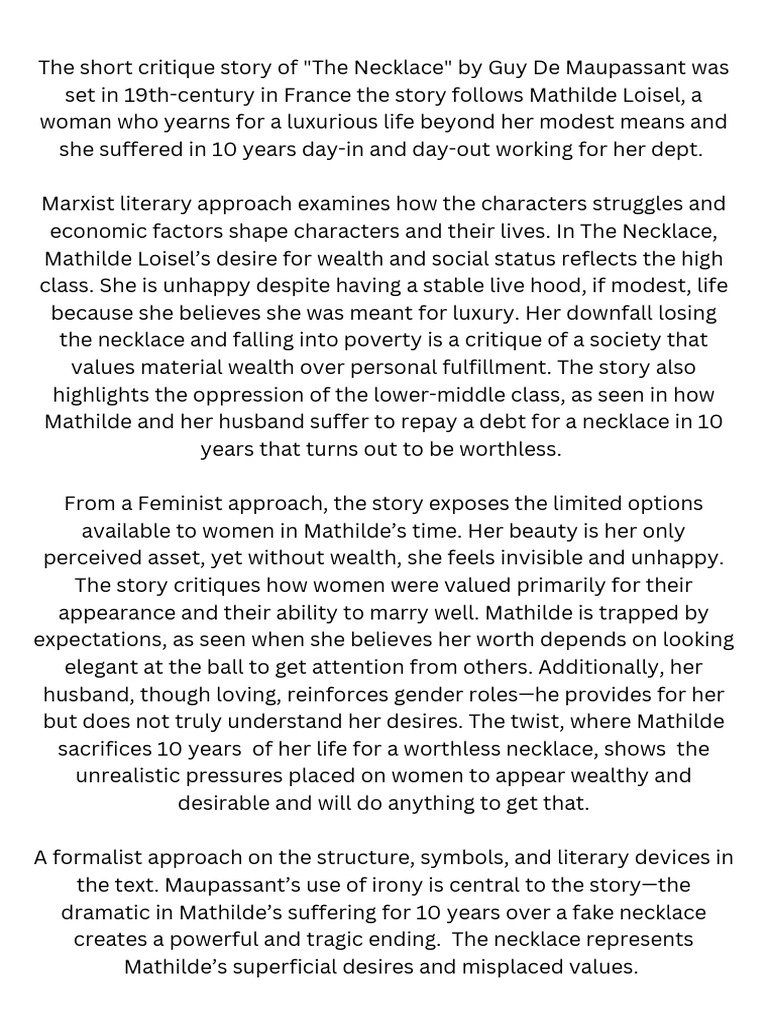 The Short Critique Story of The Necklace by Guy de Maupassant Was Set ...