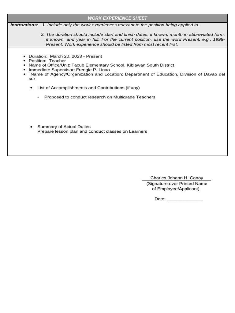 CS Form No 212 Work Experience Sheet-3 | PDF