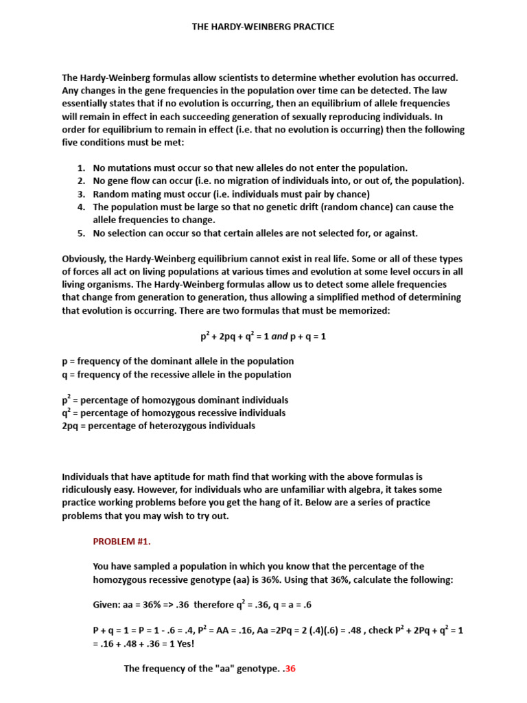 Hardy-Weinberg Practice Questions | PDF | Dominance (Genetics) | Zygosity