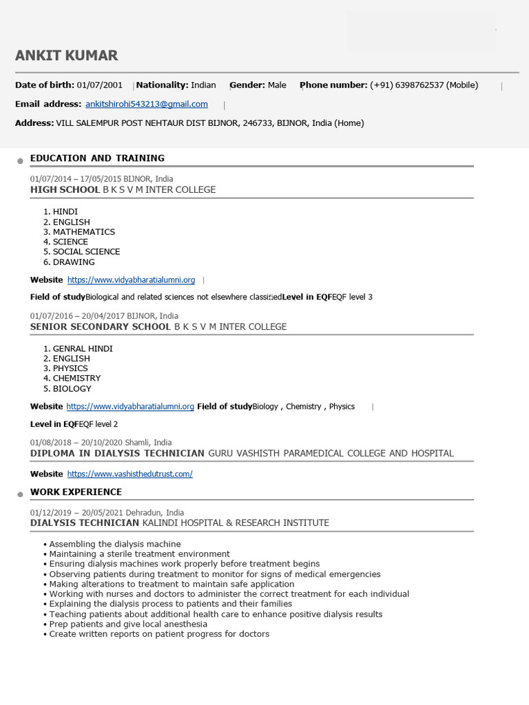 Ankit Kumar Europass Cv (1) | PDF | Patient | Nursing