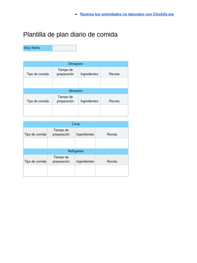 Plantilla de Plan Diario de Comida | PDF