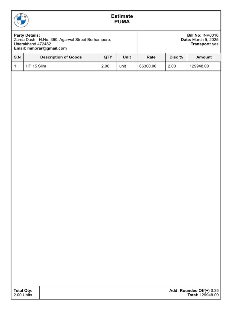 Invoice INV0010 Zarna Dash | PDF