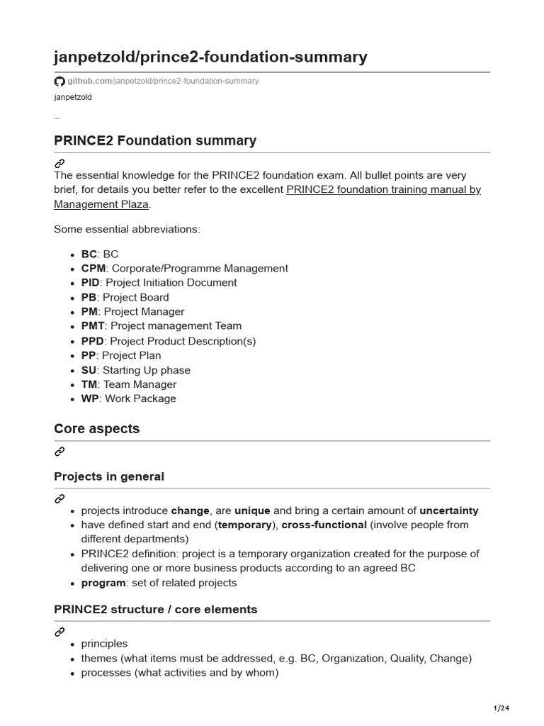 Prince2 Foundation Summary | PDF | Risk | Risk Management