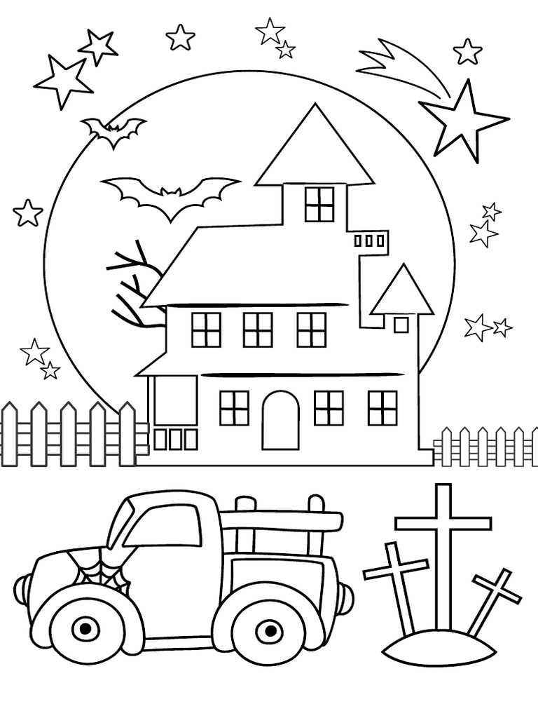 Black and White Linear Halloween Kids Printable Coloring Page | PDF