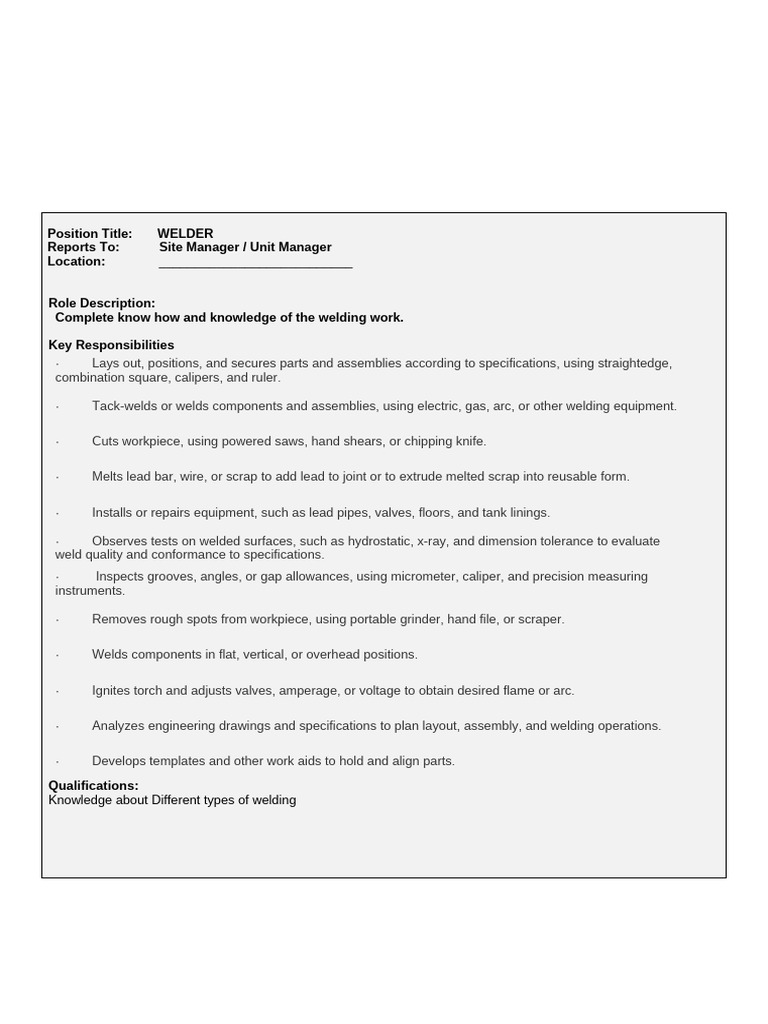 Welder Position Overview and Responsibilities | PDF