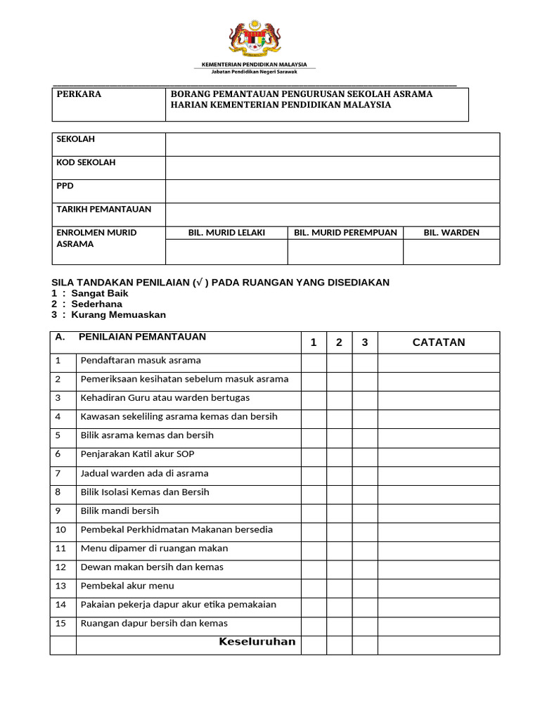 Borang 3 Pemantauan Pengurusan Asrama Dis 2021 | PDF