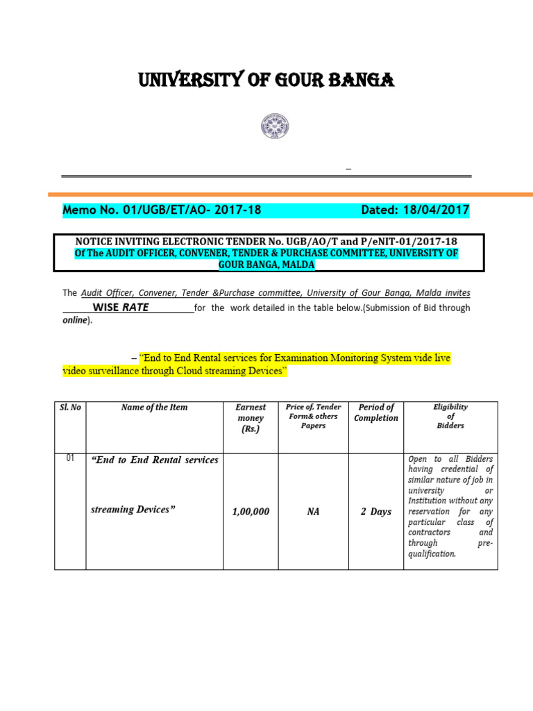 University of Gour Banga: Memo No. 01/UGB/ET/AO-2017-18 Dated: 18/04/2017 | PDF | Streaming ...
