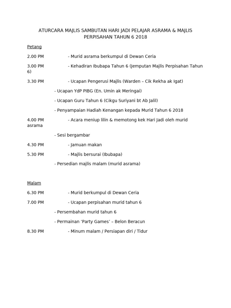 Aturcara Majlis Sambutan Hari Jadi Pelajar Asrama | PDF
