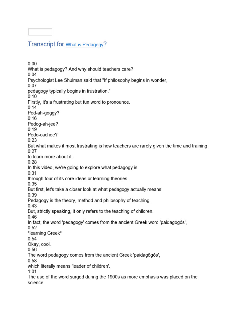 Transcript For What Is Pedagogy | PDF | Constructivism (Philosophy Of Education) | Psychological ...