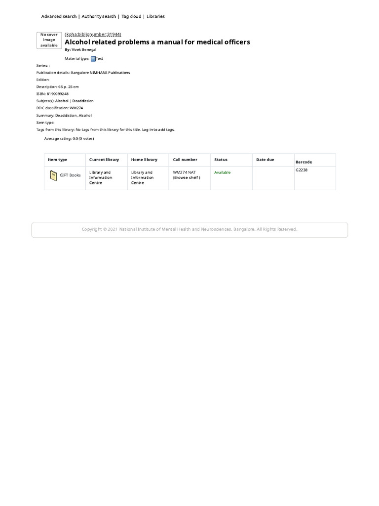 Library and Information Centre-NIMHANS Catalog Details For - Alcohol ...