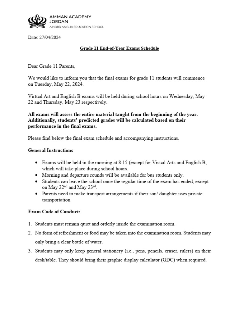Grade 11 Final Exam Schedule 2024 | PDF