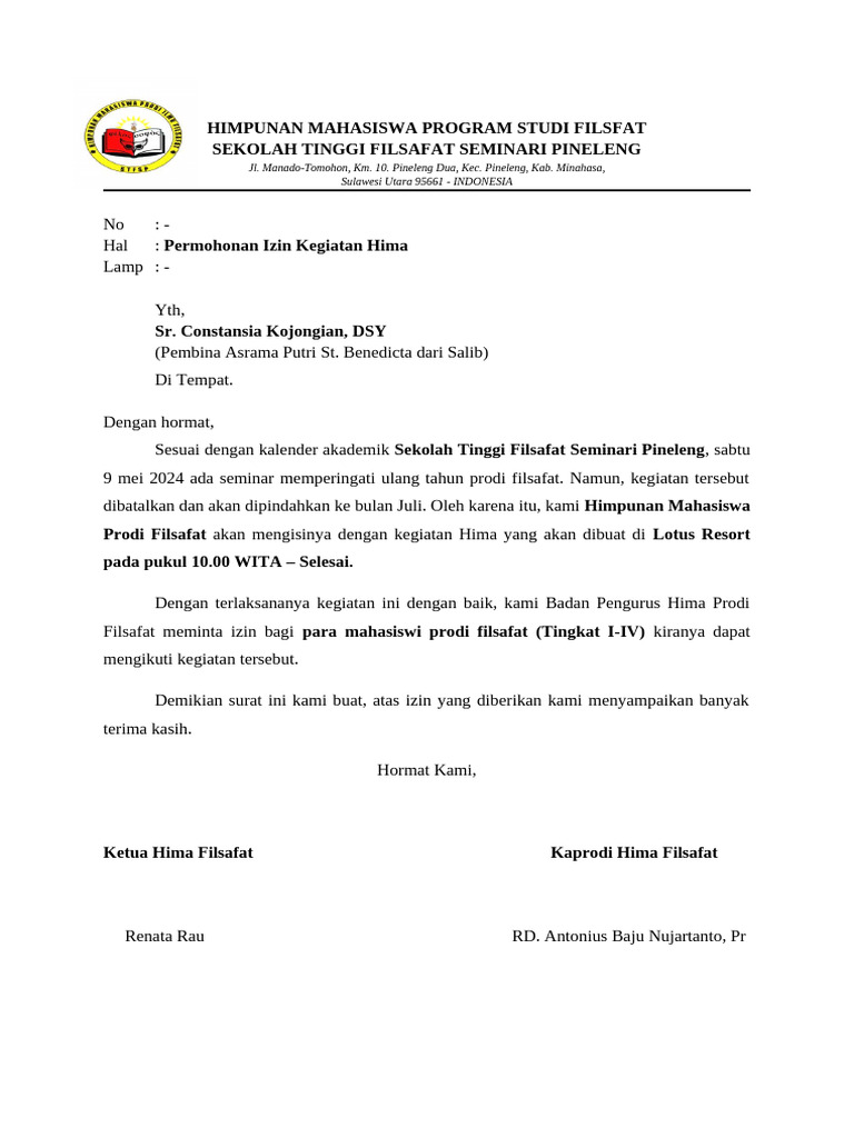 Asrama Putri - Surat Ijin Hima Filsafat | PDF