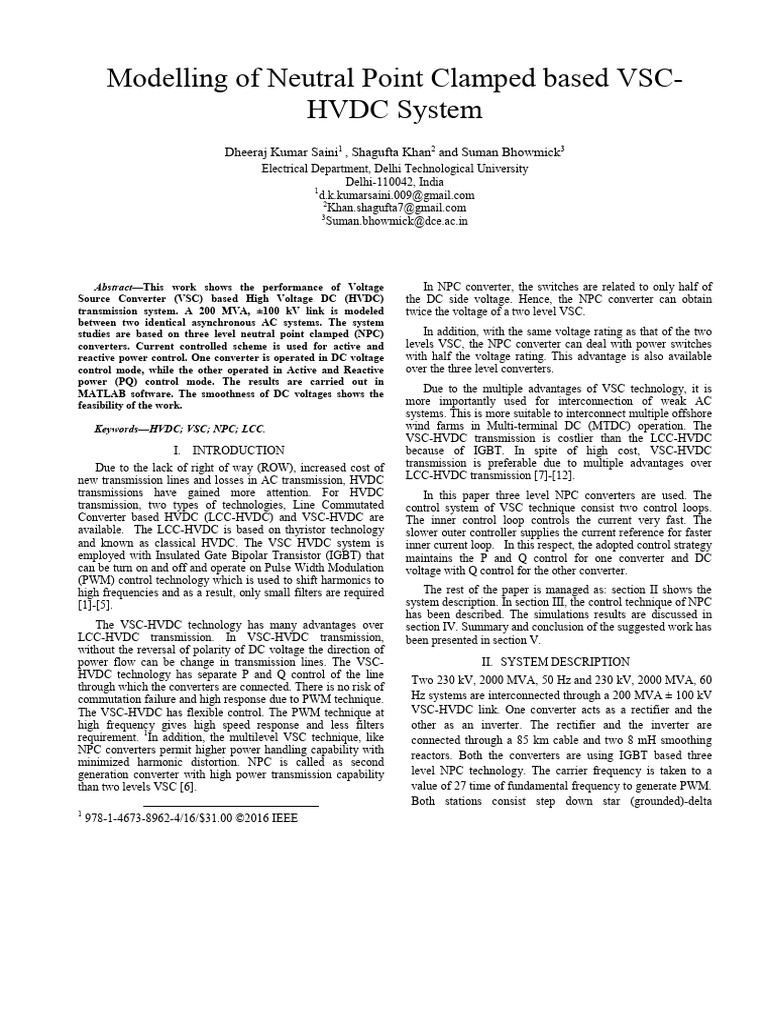 Modelling of Neutral Point Clamped Based VSC-HVDC System | PDF