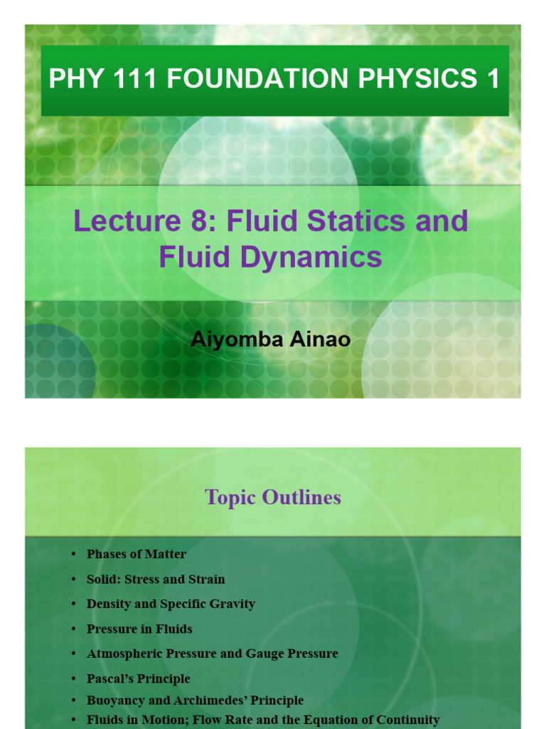 PHY 111 Lecture 8 (Compatibility Mode) | PDF | Pressure | Fluid Dynamics
