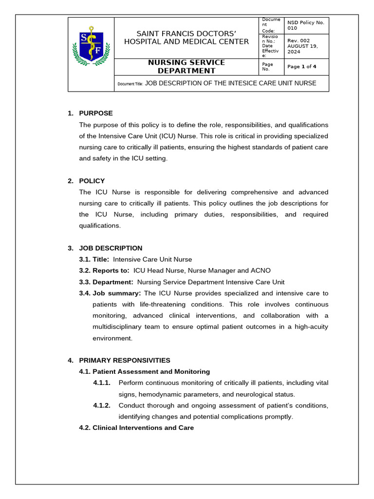 010 Icu Nurse Job Description | PDF | Intensive Care Unit | Intensive ...