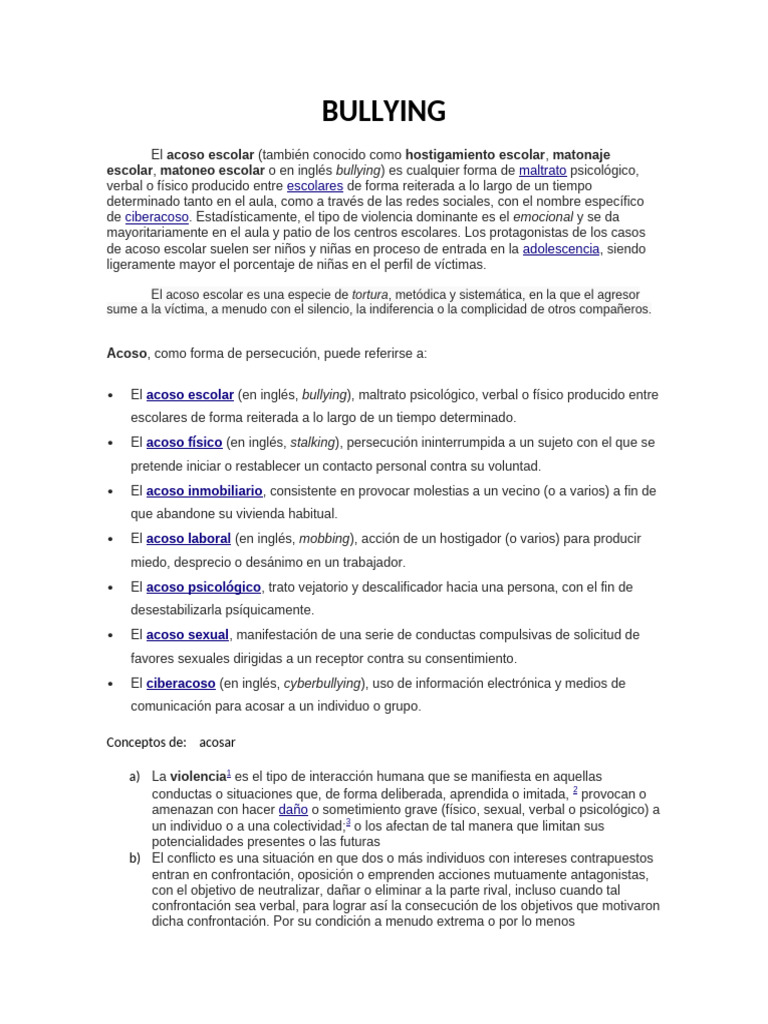Definición y tipos de bullying escolar | PDF | Combate | Conceptos ...