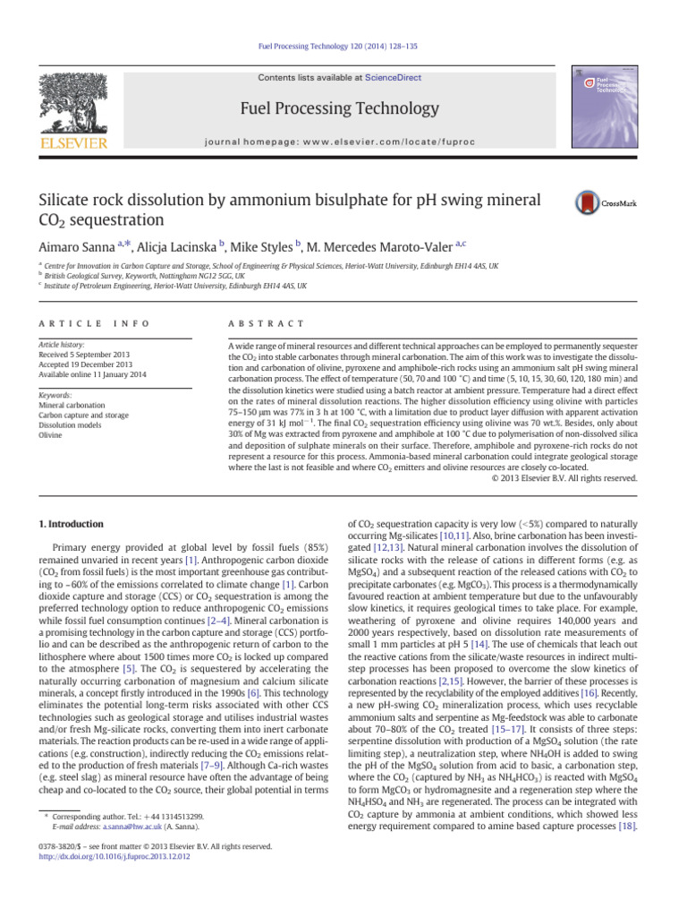 Silicate Rock Dissolution by Ammonium Bisulphate For PH Swing Mineral ...
