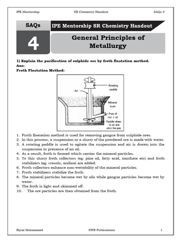 General Principles of Metallurgy SAQs Handout (SWR) | PDF | Aluminium Oxide | Zinc