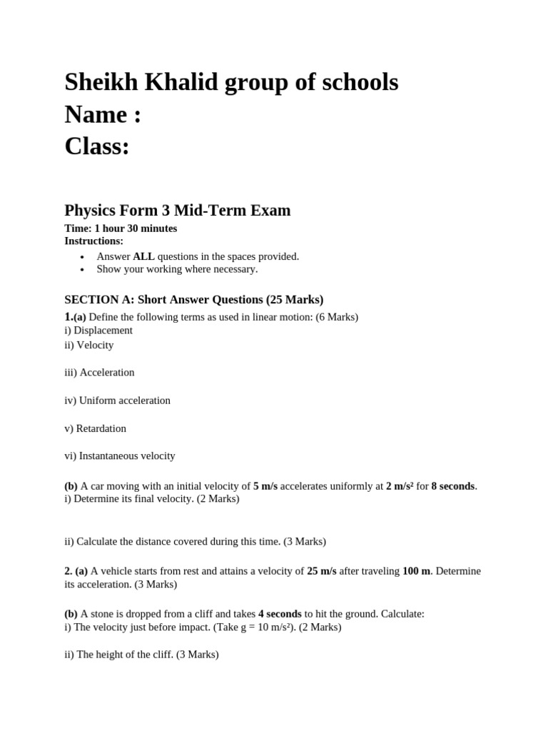 Physics Form 3 Mid Term Exams | PDF