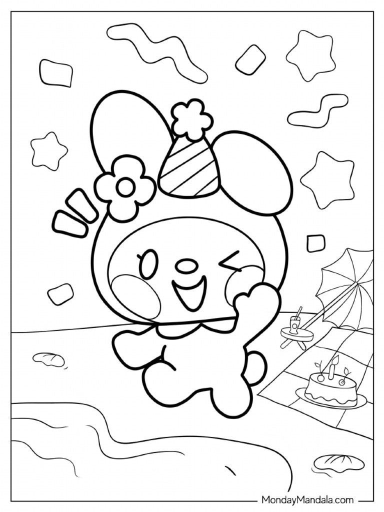 Cute Sanrio My Melody at The Beach Coloring Page 1 | PDF