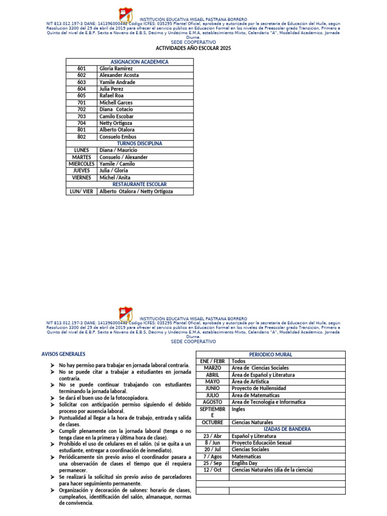 Actividades Año Escolar 2025 IE Misael Pastrana | PDF | Educación de la ...