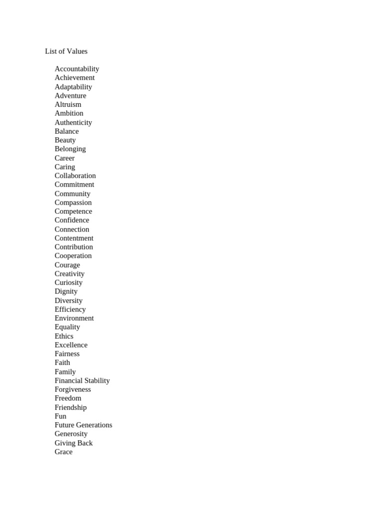 Comprehensive List of Values | PDF