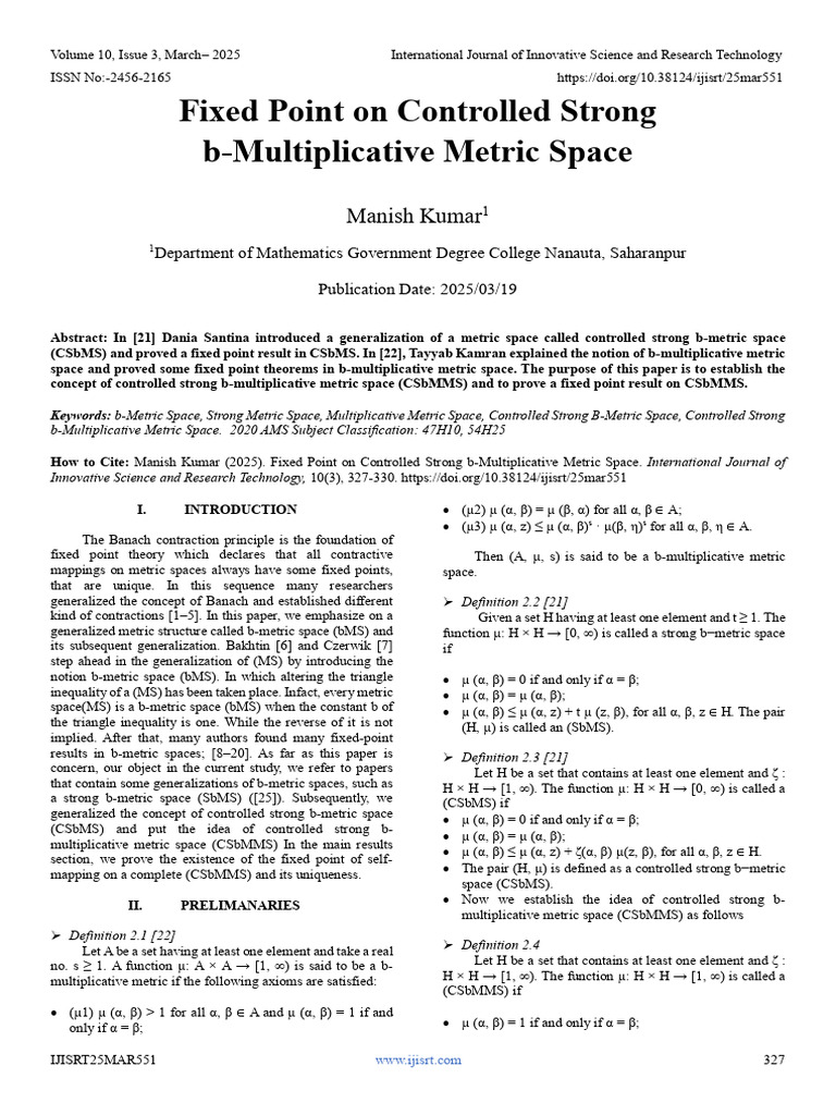 Fixed Point On Controlled Strong B-Multiplicative Metric Space | PDF ...