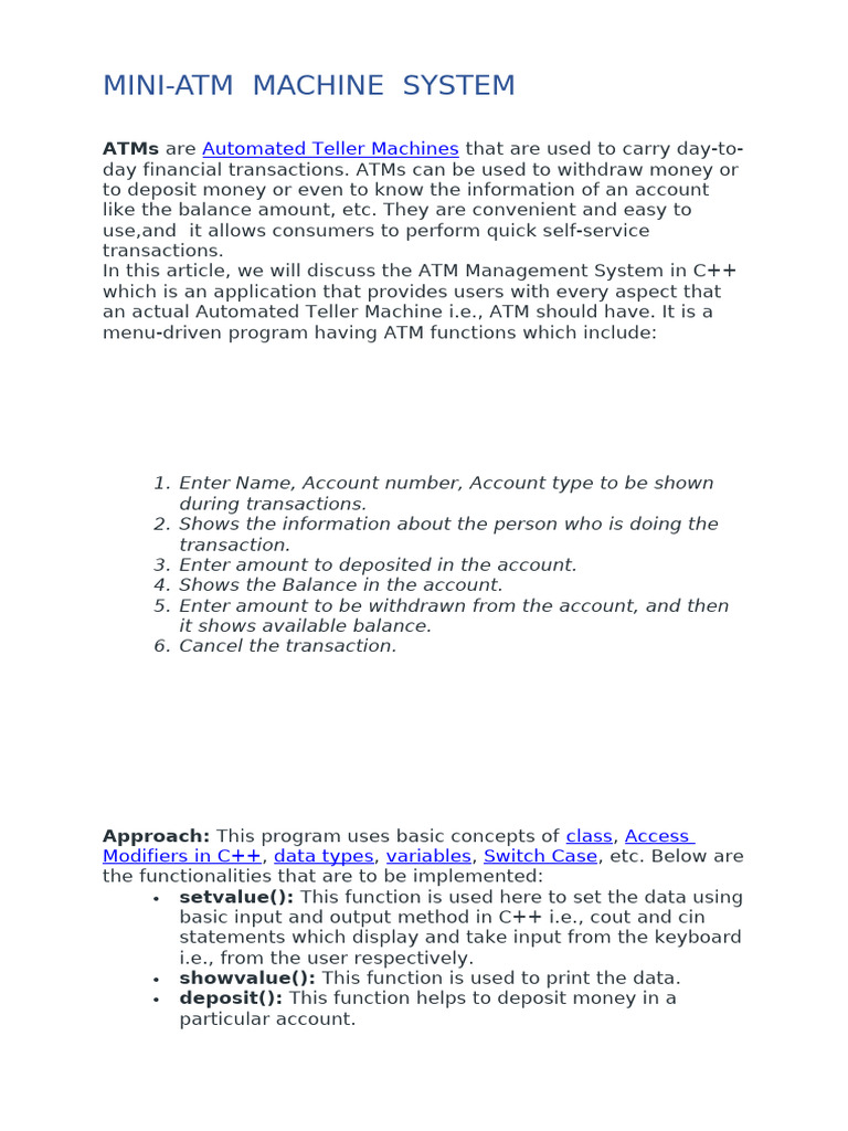 C++ ATM Management System Overview | PDF