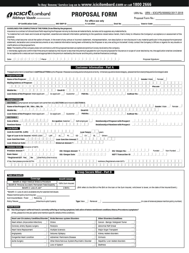 ICICI Combine Proposal Form (I) | PDF | Insurance | Human Body