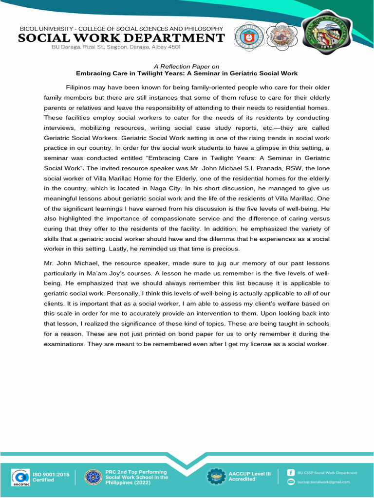 Geriatric Reflection Paper | PDF | Geriatrics | Social Work