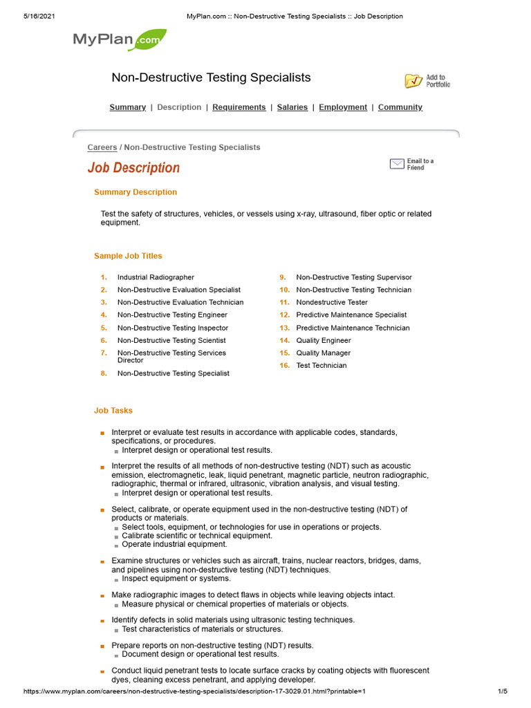 Non-Destructive Testing Specialists - Job Description | PDF ...