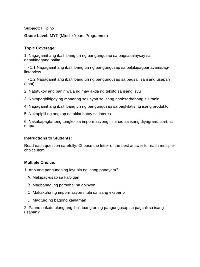 Summative Test Filipino | PDF