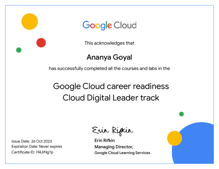Google Cloud Career Readiness Certificate - H4JrNg1p - Ananya Goyal | PDF