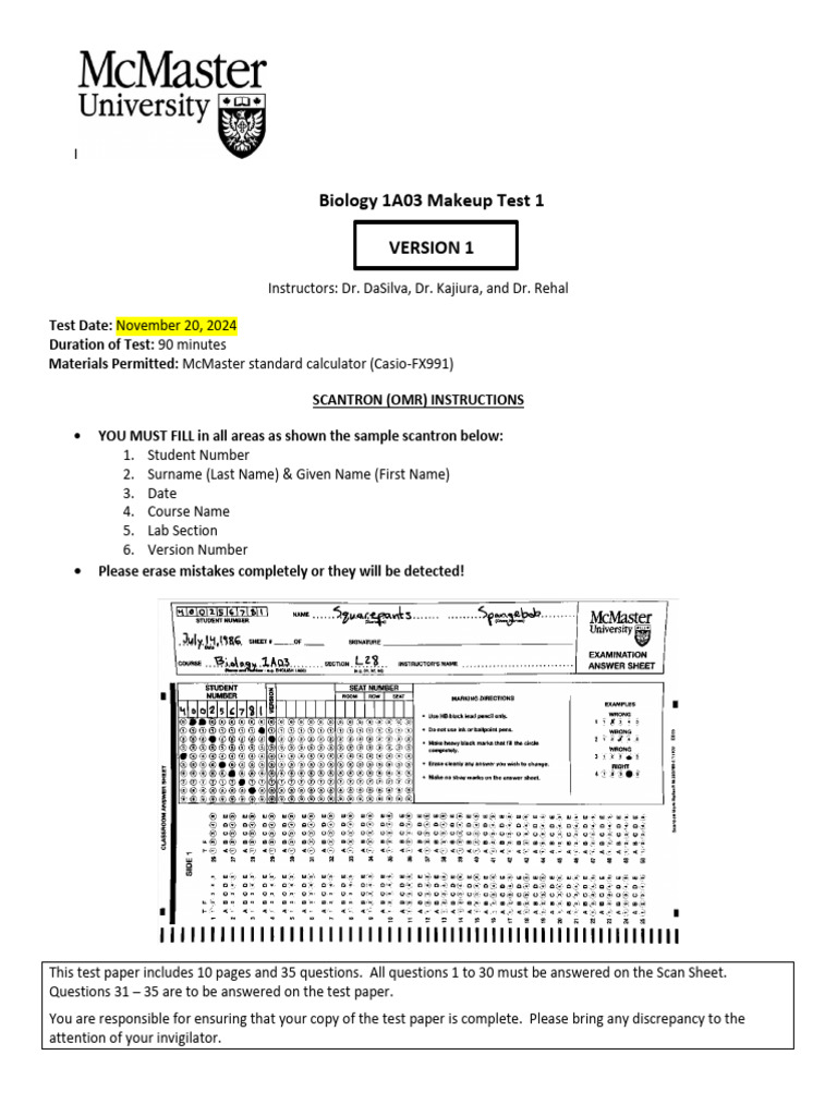 Biology 1A03 Makeup Test 1 Details | PDF | Rna Splicing | Rna