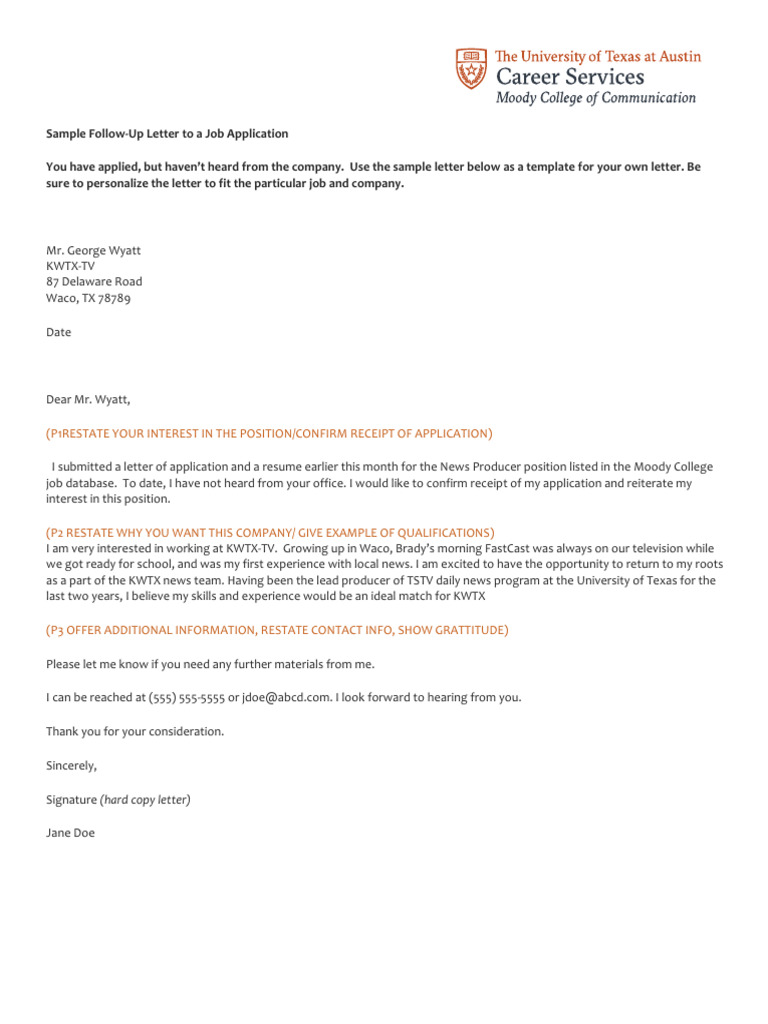 Sample Follow-Up Letter for Job Application | PDF