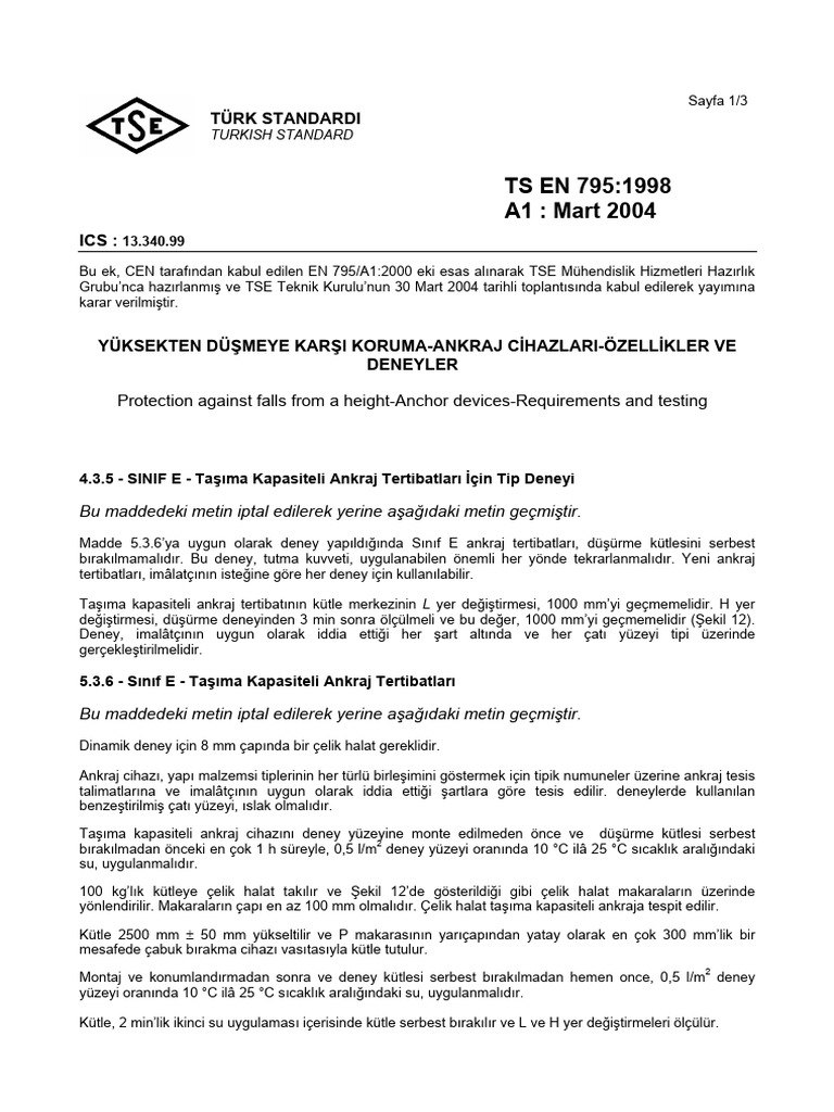 TS EN 795-A1 Yüksekten Düşmeye Karşı Koruma Ankraj Cihazları Özellikler Ve Deneyler-2004 (İptal ...