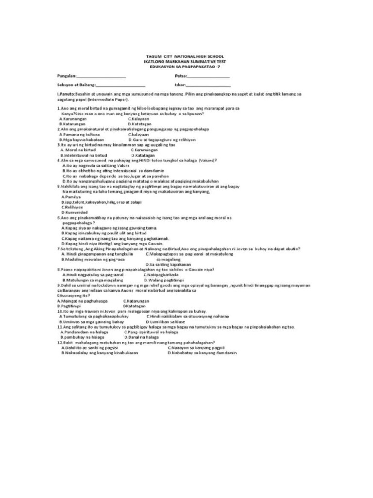 Values Ed 3rd Quarter Exam | PDF