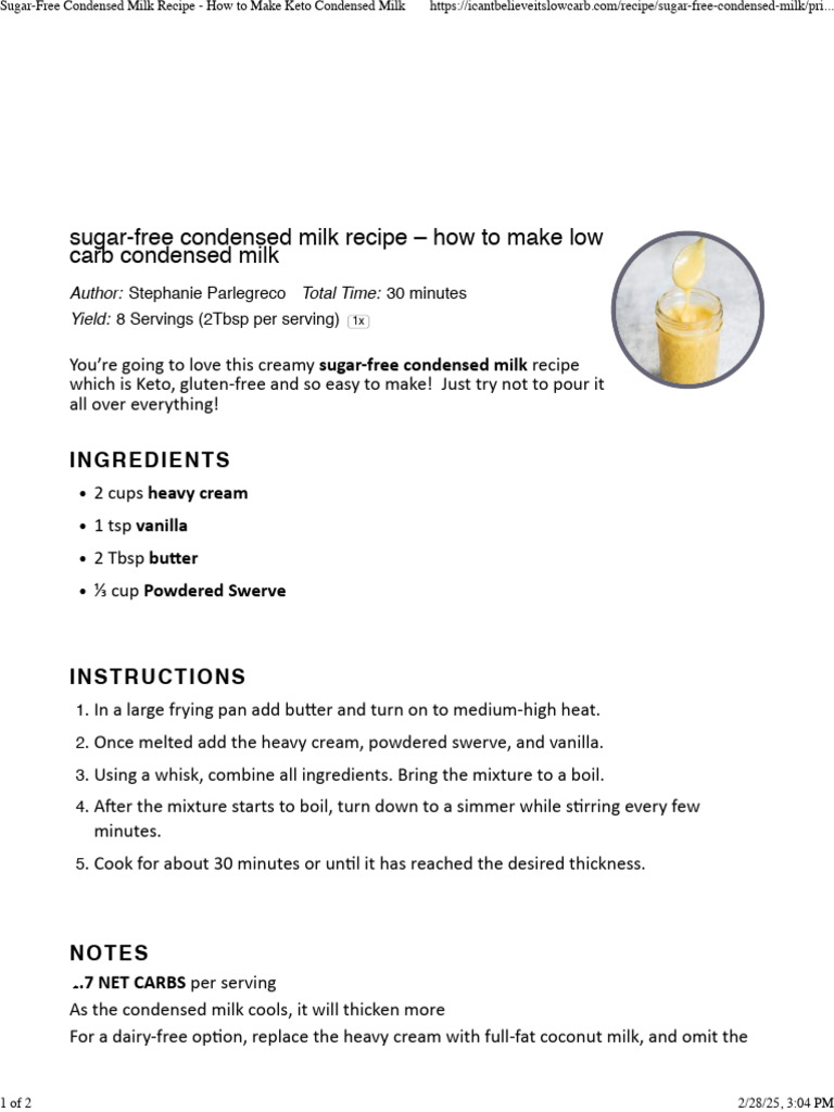 Sugar-Free Condensed Milk Recipe - How to Make Keto Condensed Milk | PDF