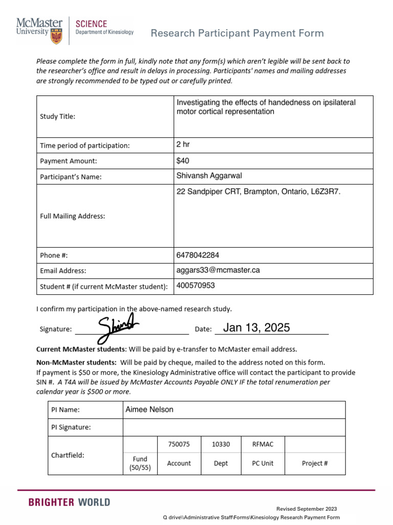 Research Participant Payment Form: Investigating The Effects of ...